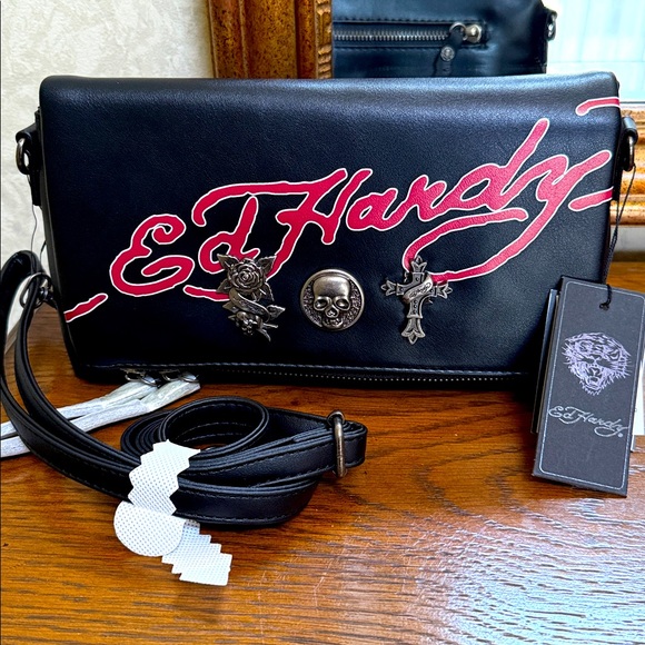 Ed Hardy | Bags | Ed Hardy Black And Subdued Redburgandy Clutch Or ...